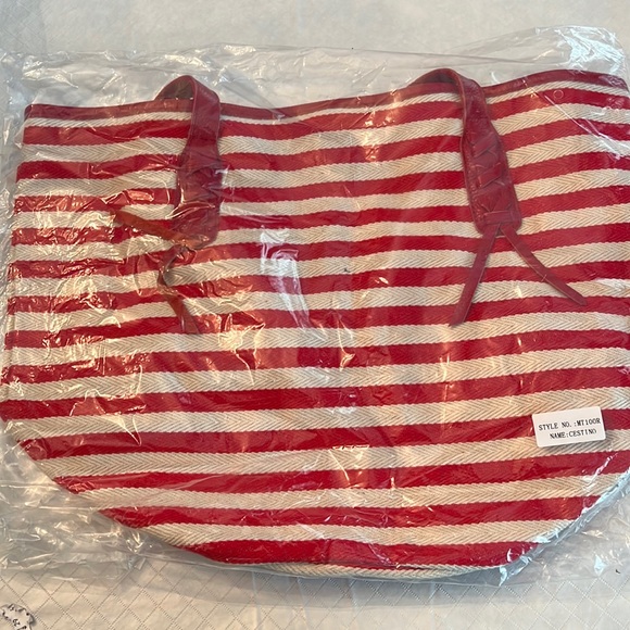 Bags | New Red Striped Canvas Tote With Faux Leather Trim | Poshmark